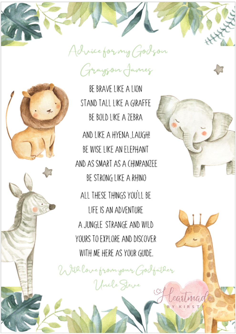 Personalised Godson - Goddaughter Poem Print A4 – Heartmadebykirsty